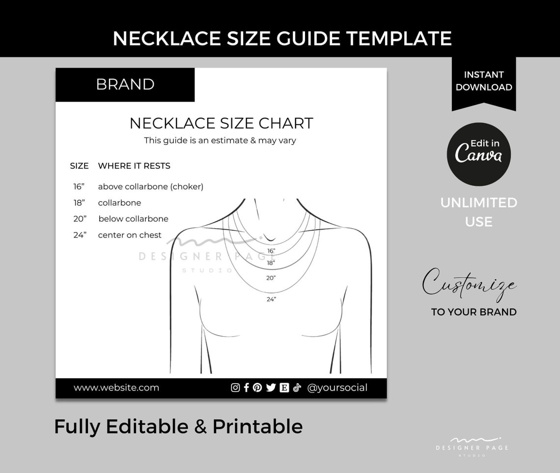 Editable Necklace Size Chart Template, Printable Necklace Length Size ...
