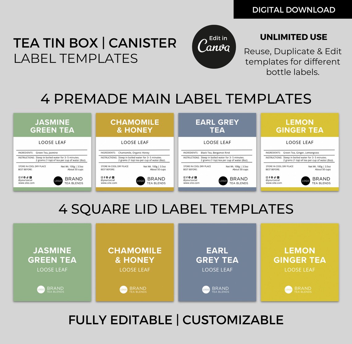 Tea Tin Can Labels Template Editable Canva, Tea Canister Label Stickers ...