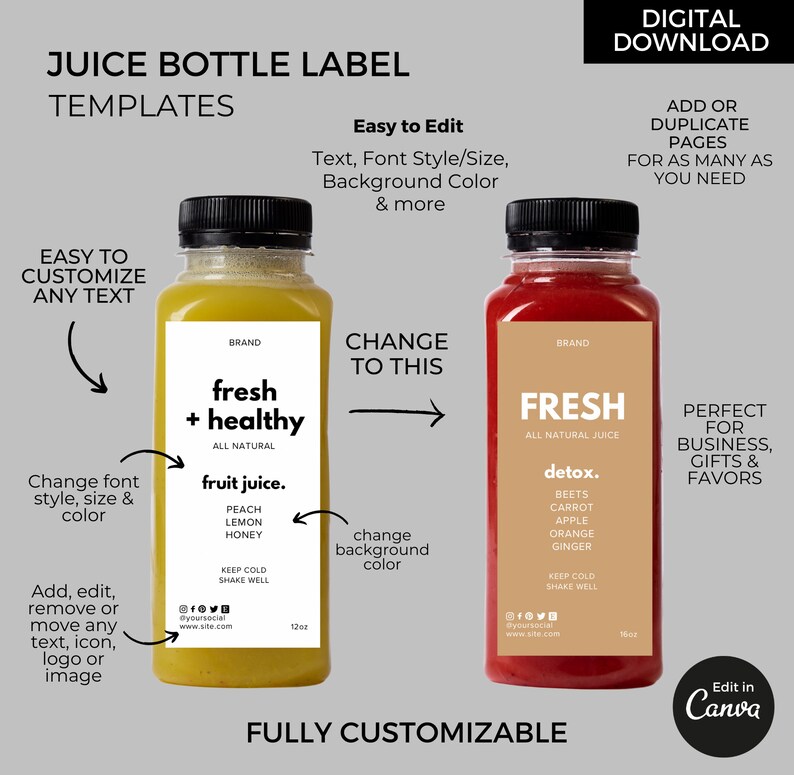 Editable Fruit Juice Bottle Labels Template Canva, Fresh Juice Label ...