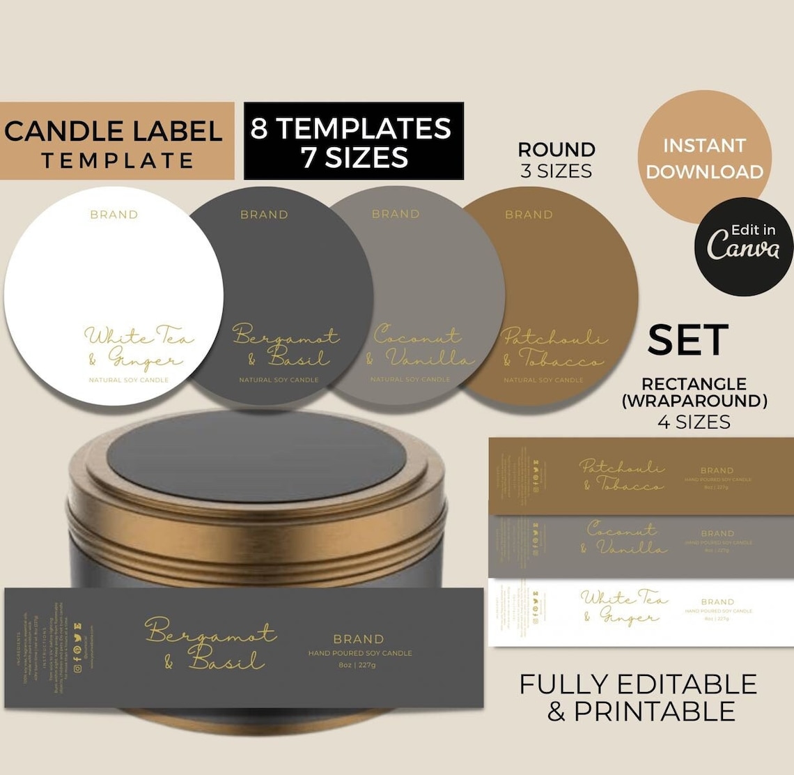Candle Tin Label Template Editable Modern Candle Labels - Etsy