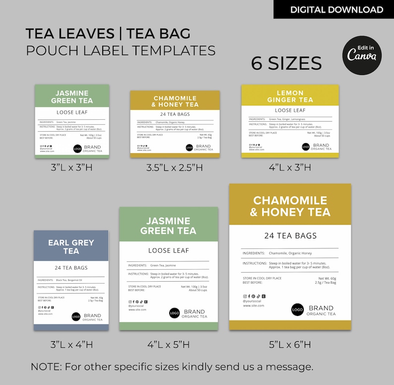 Tea Bag Labels Template Editable Canva, Minimalist Tea Pouch Label ...