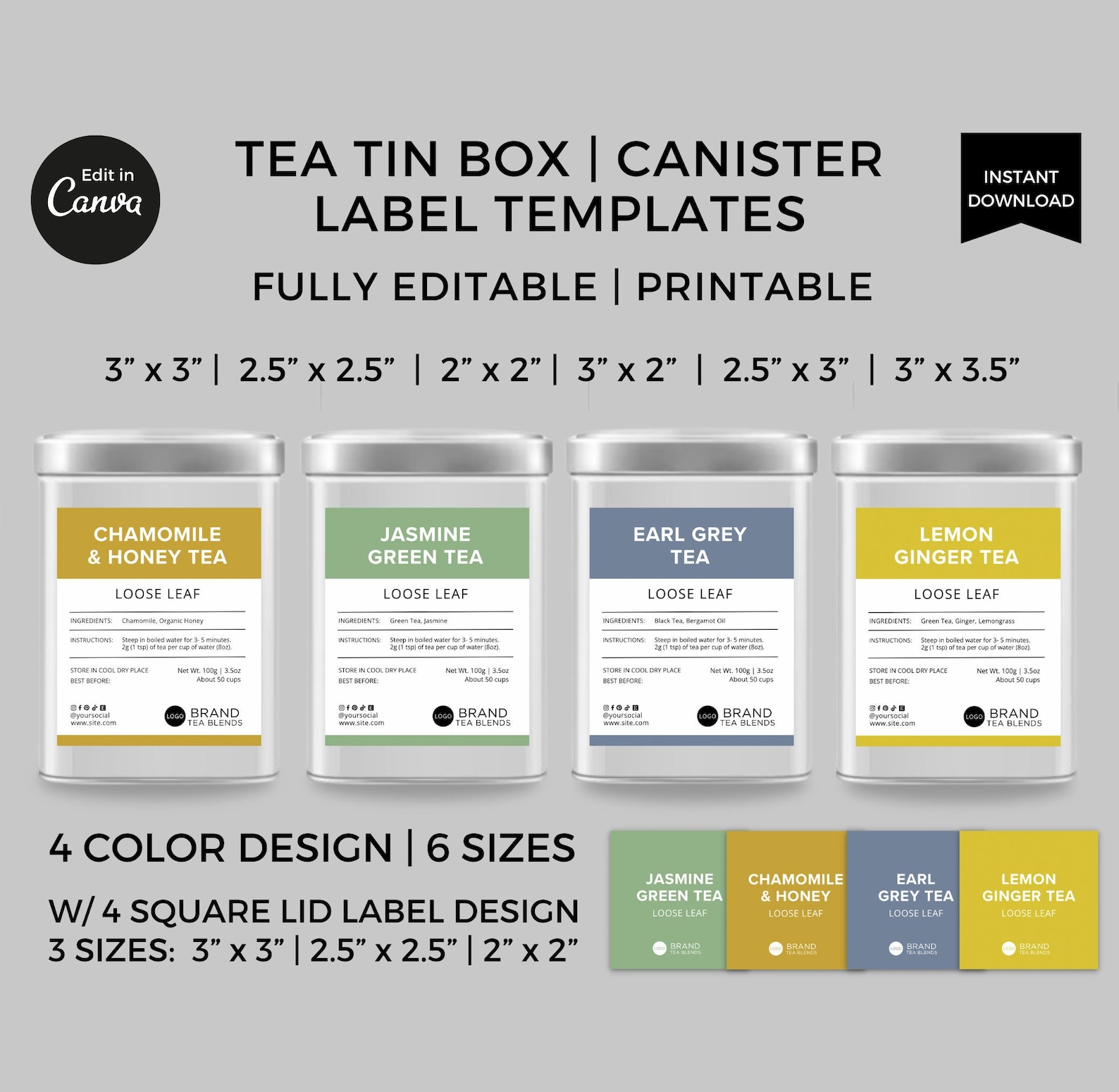 Tea Tin Can Labels Template Editable Canva, Tea Canister Label Stickers ...