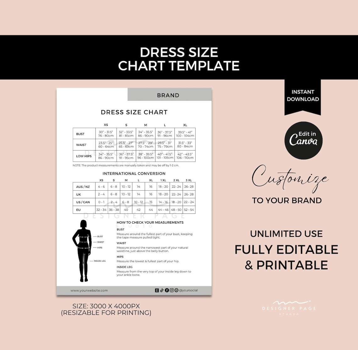 Editable Dress Size Chart Template Canva, Womens Dress Sizes Guide ...