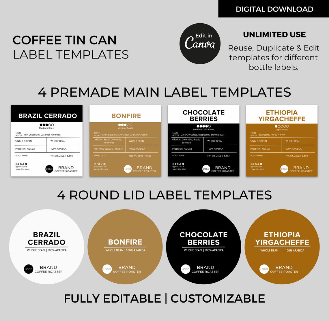 Editable Coffee Tin Can Labels Template Canva, Custom Coffee Labels ...