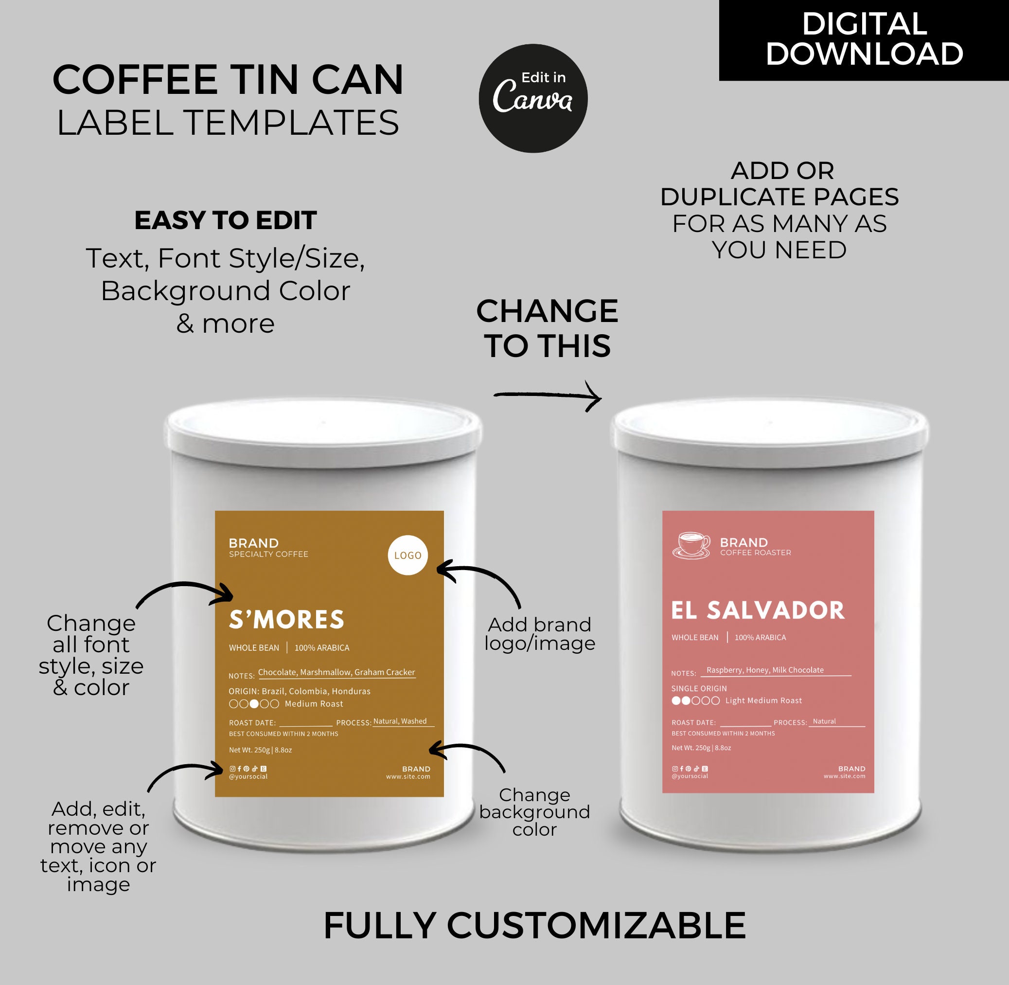 Coffee Tin Can Labels Template Editable Canva, Custom Coffee Labels ...