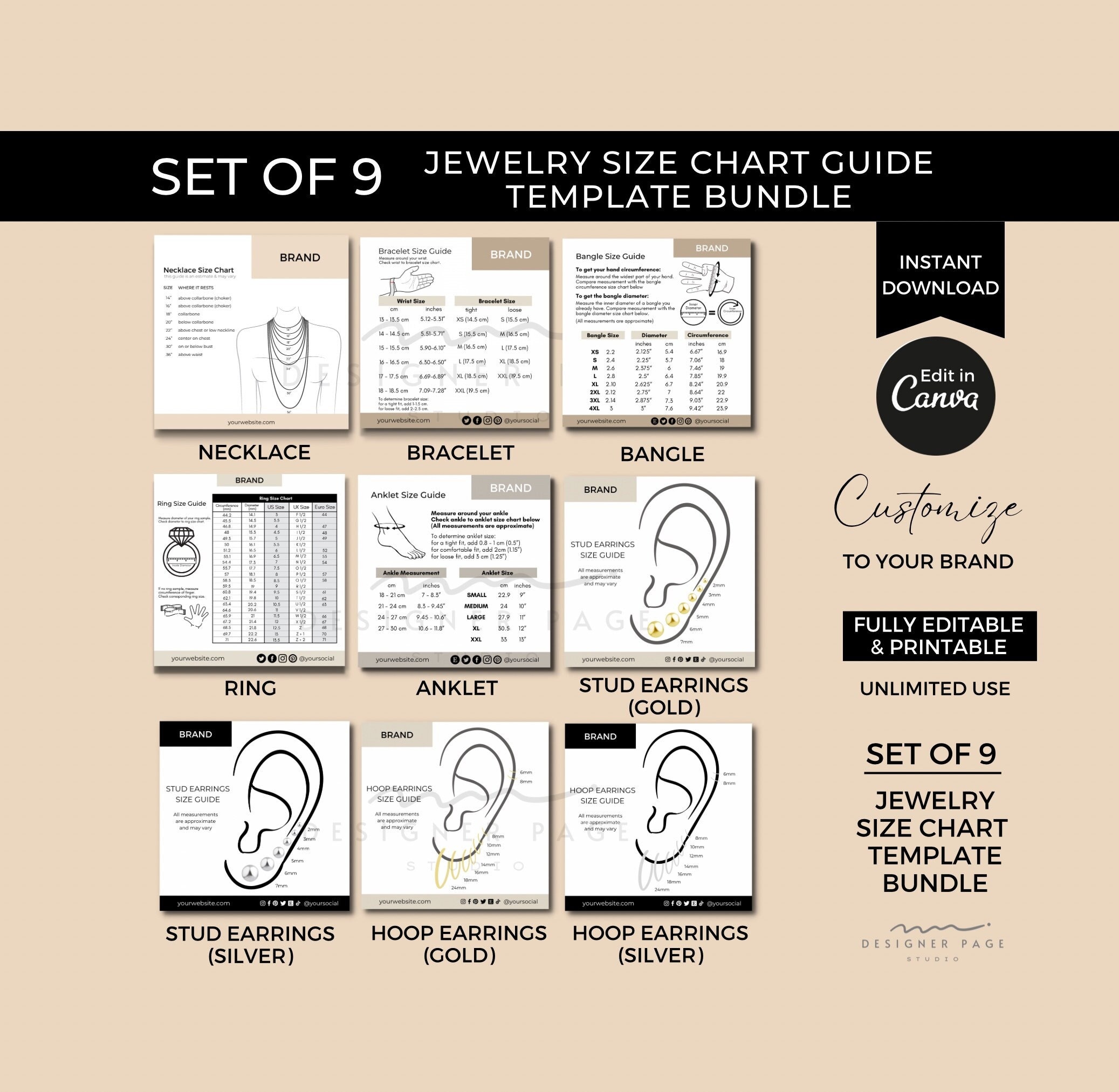 Necklace Size Chart Template Canva, Editable Jewelry Size Chart Set ...