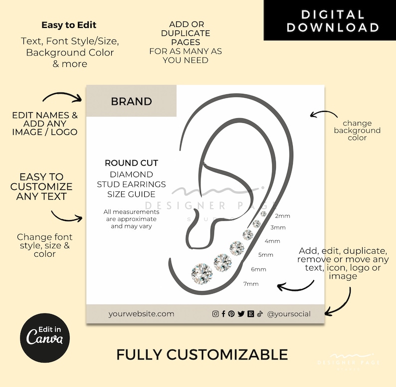 Editable Diamond Stud Earrings Size Guide Template Set Canva, Printable ...
