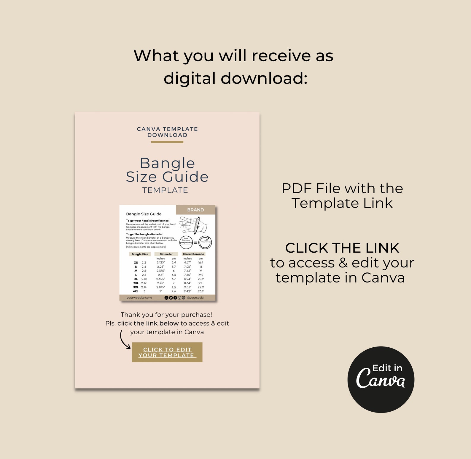 Editable Bangle Size Chart Template Canva, Printable Bracelet Size ...