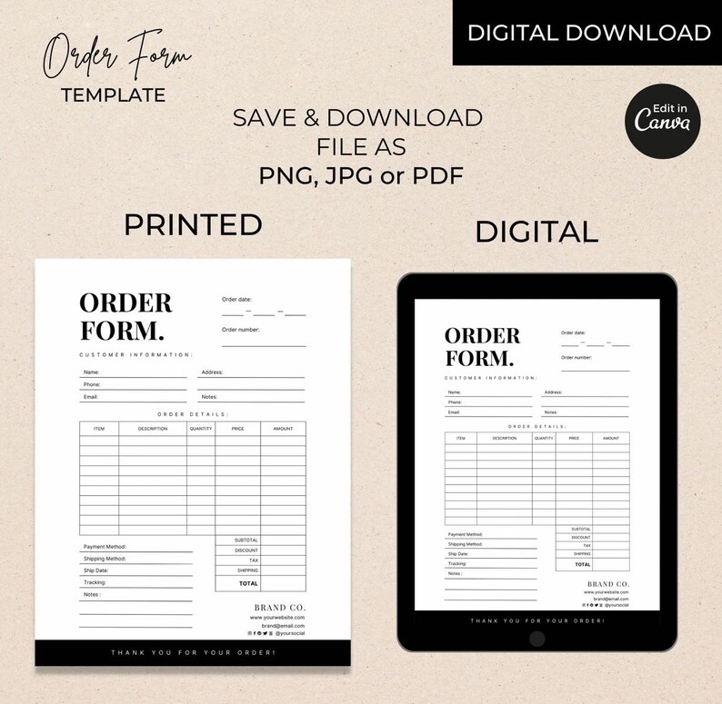 Printable Order Form Template Canva, Editable Purchase Order Forms ...