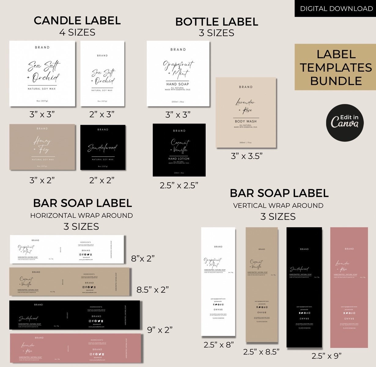 Editable Bottle Label Template Canva, Printable Bar Soap Labels, Modern ...