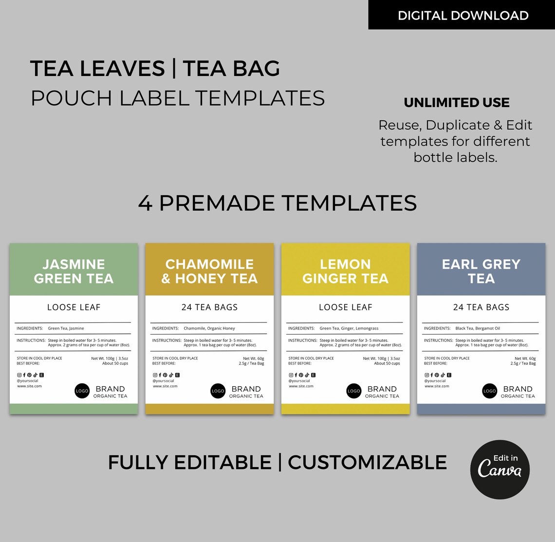 Tea Bag Labels Template Editable Canva, Minimalist Tea Pouch Label ...