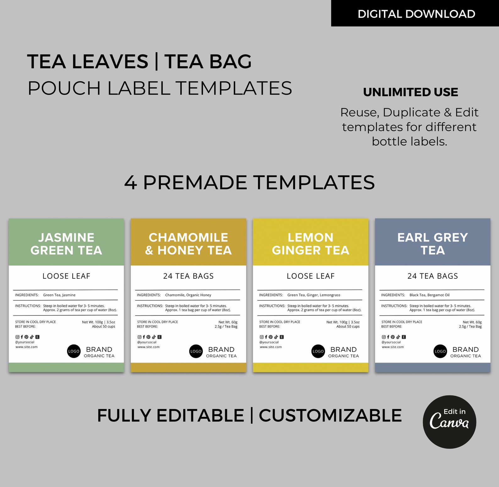 Tea Bag Labels Template Editable Canva, Minimalist Tea Pouch Label ...