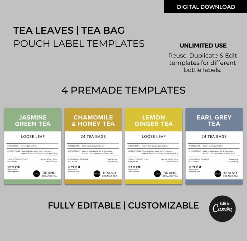 Tea Bag Labels Template Editable Canva, Minimalist Tea Pouch Label ...
