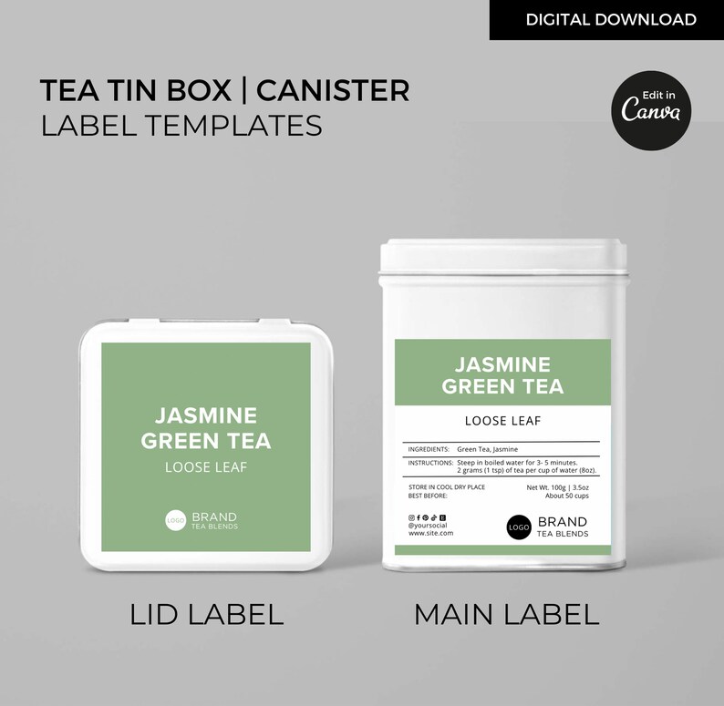 Tea Tin Can Labels Template Editable Canva, Tea Canister Label Stickers ...