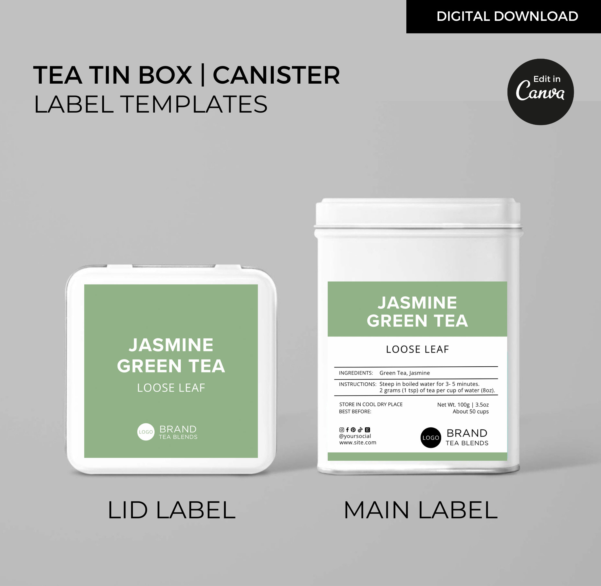 Tea Tin Can Labels Template Editable Canva, Tea Canister Label Stickers ...