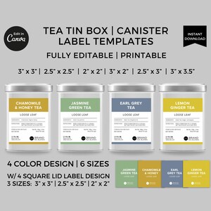 Tea Tin Can Labels Template Editable Canva, Tea Canister Label Stickers ...