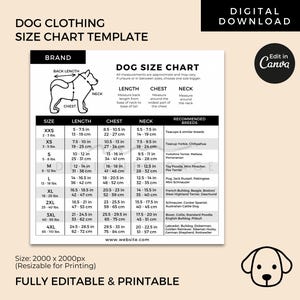 Editable Dog Clothes Size Chart Template Canva, Printable Dog Clothing ...