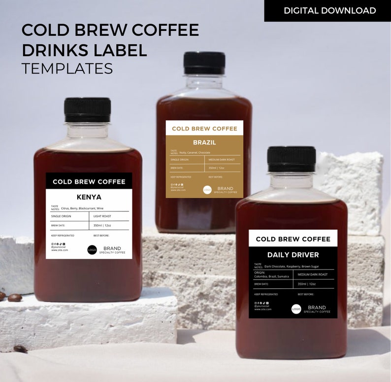 Cold Brew Coffee Bottle Labels Template Editable Canva, Juice Label ...