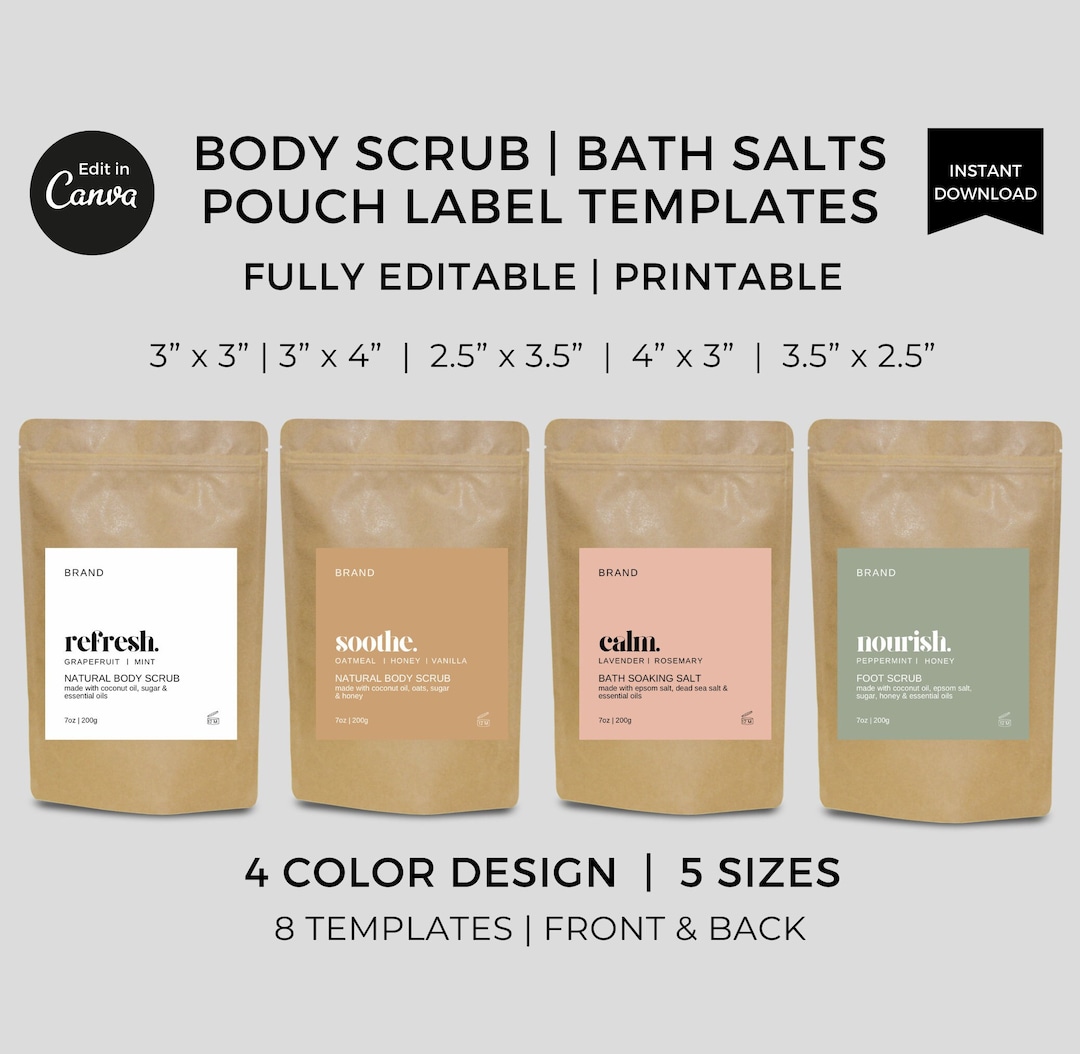 Bath Salts Pouch Label Template Editable Canva, Printable Body Scrub ...