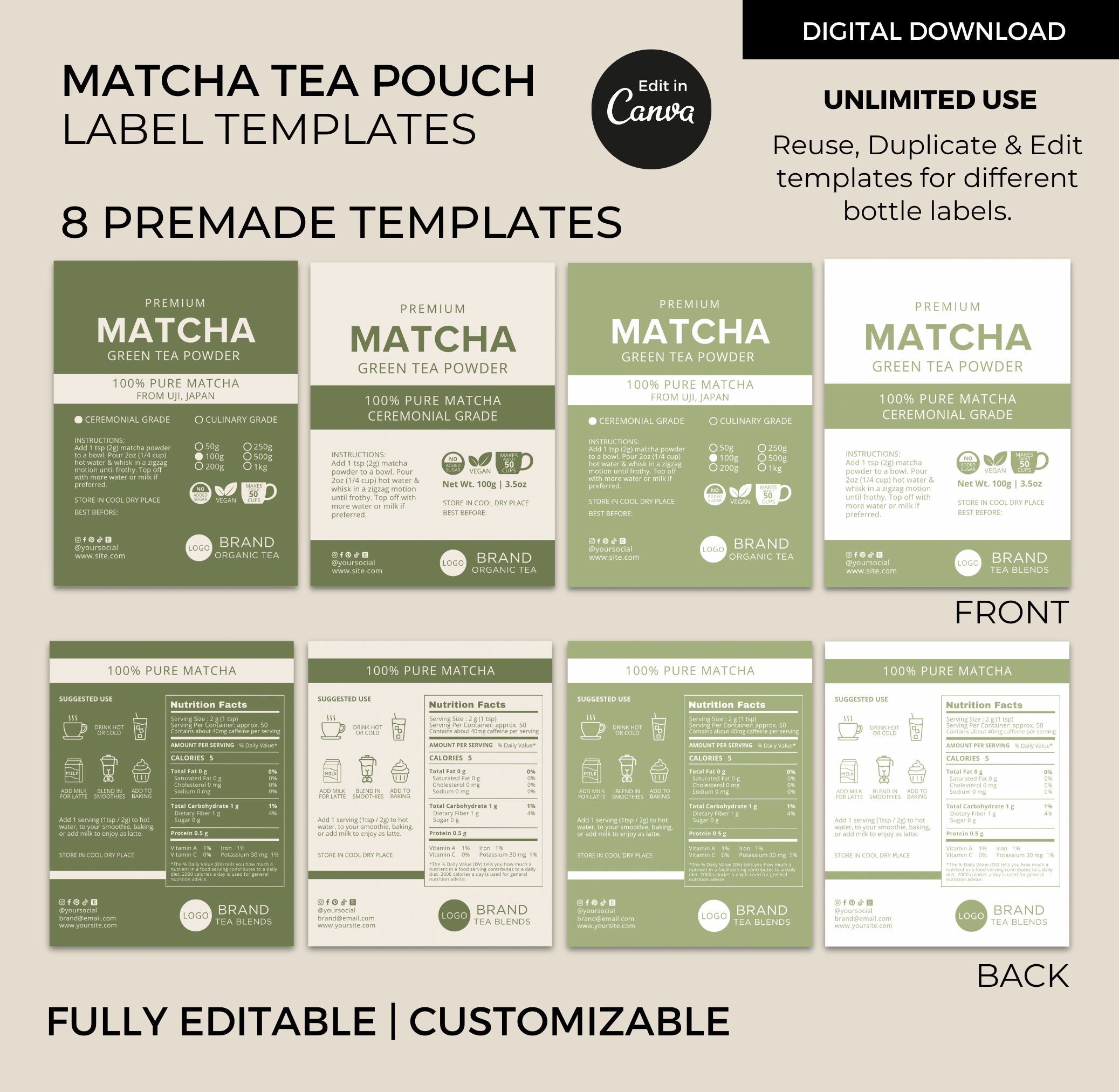Matcha Tea Labels Template Editable Canva, Matcha Powder Tea Bag Label ...