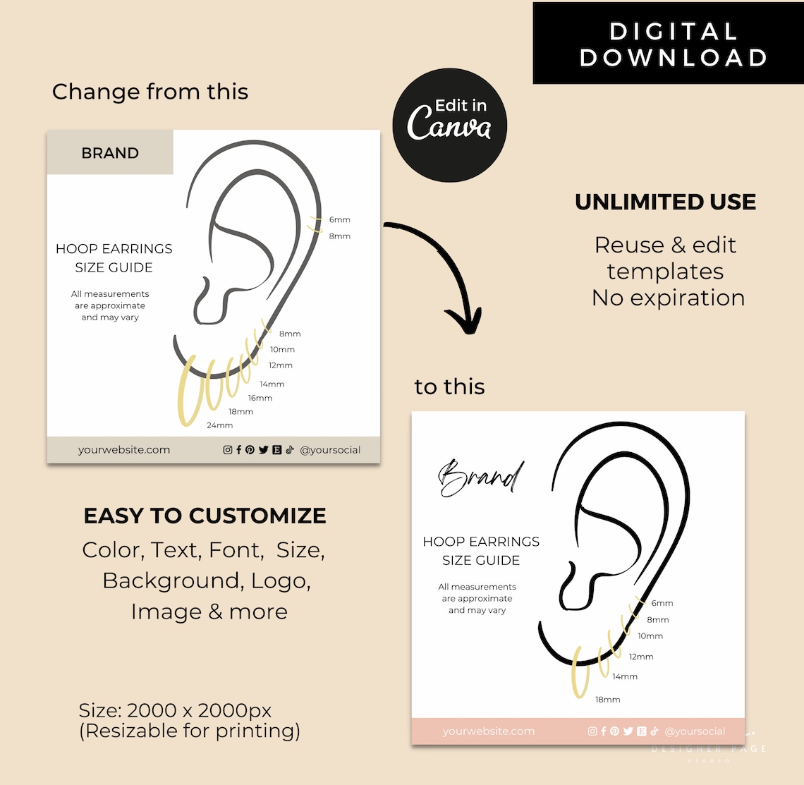 Editable Earrings Size Chart Template Canva, Printable Hoop Earrings ...