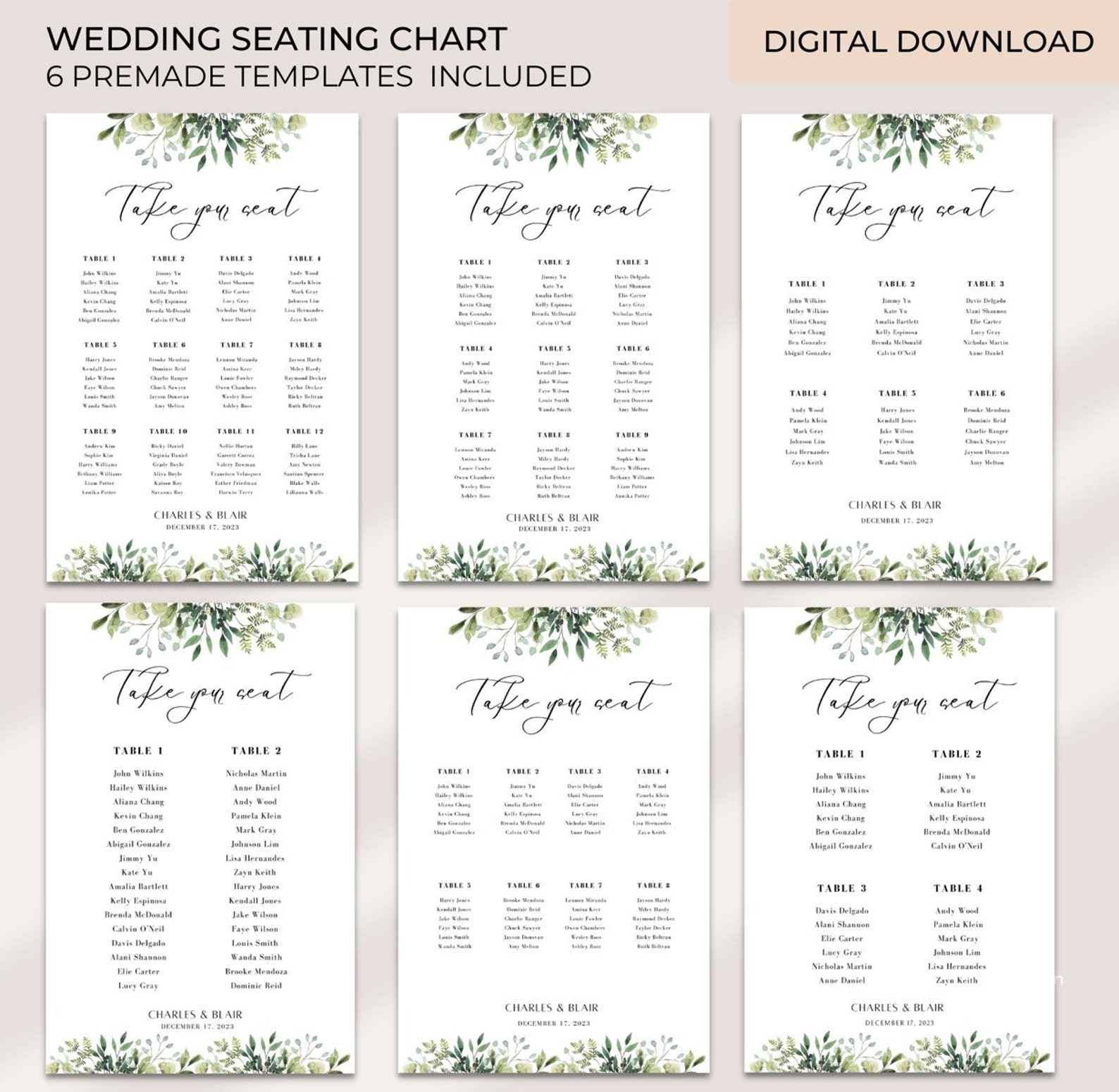 Wedding Guest Seating Charts Template Editable, Printable Wedding ...