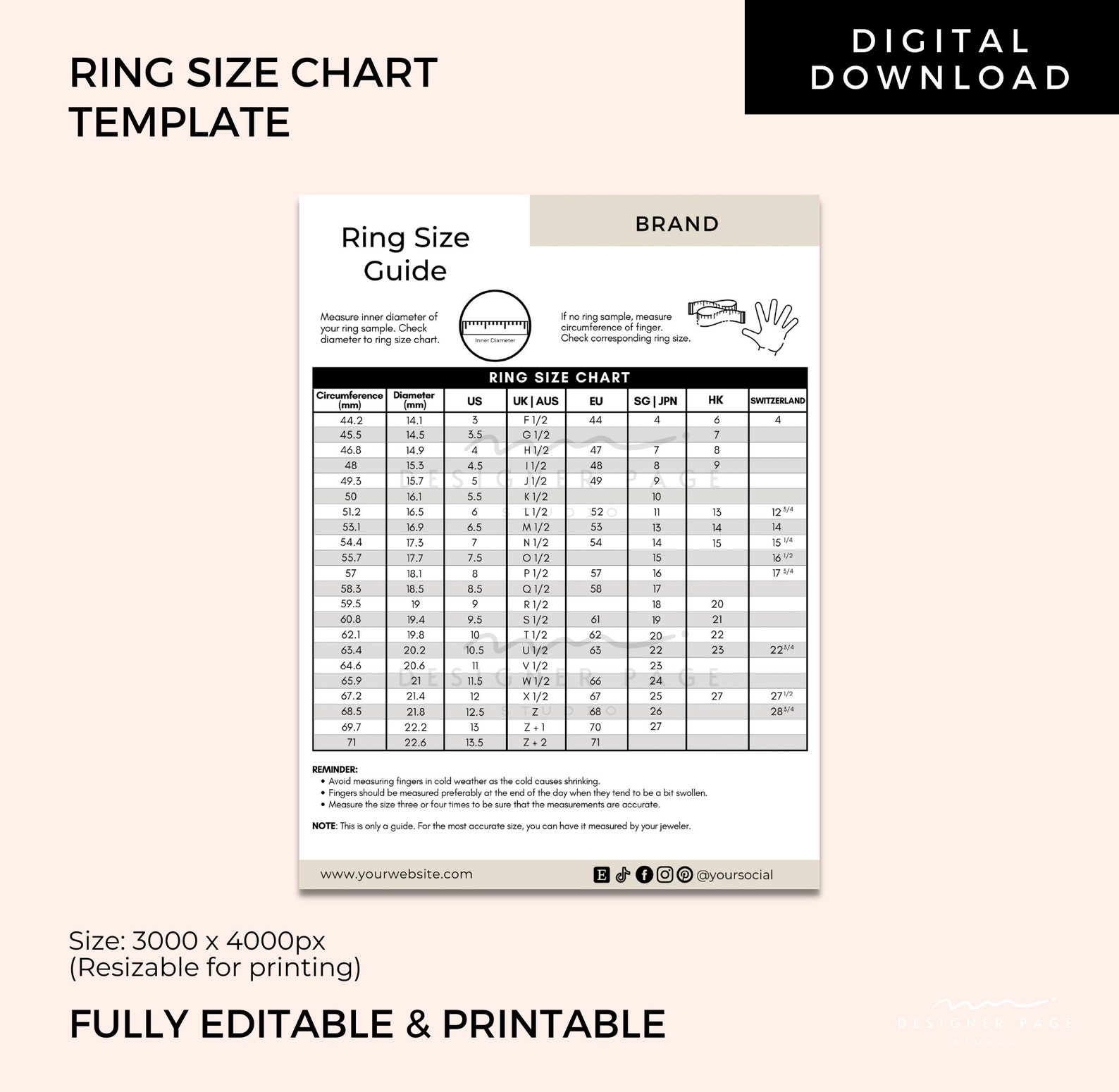 Editable Ring Size Chart Template Canva, Custom Ring Sizing Guide, Ring ...