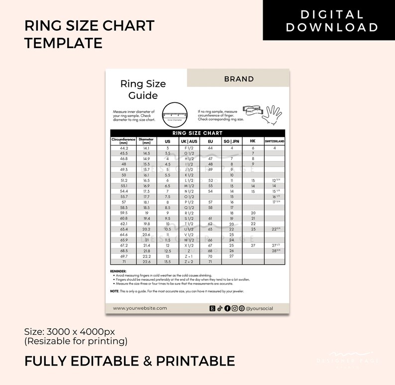 Editable Ring Size Chart Template Canva, Custom Ring Sizing Guide, Ring ...