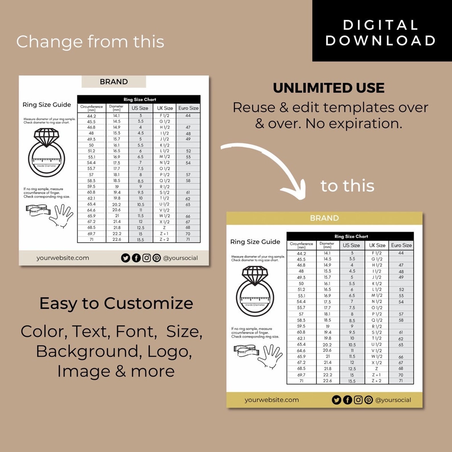 Necklace Size Chart Template Canva, Editable Jewelry Size Guide ...