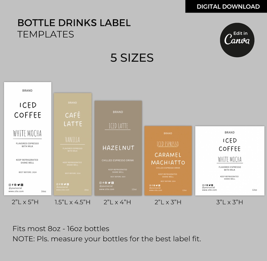 Editable Iced Coffee Bottle Labels Template Canva, Drinks Label Design ...
