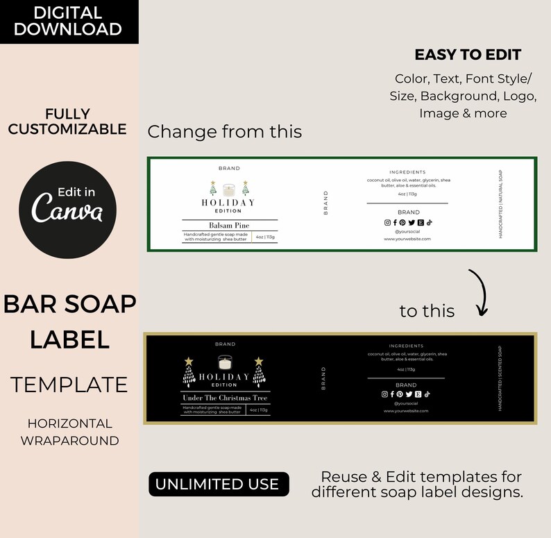 Christmas Soap Labels Template Editable Canva, Holiday Soap Label Wrap ...