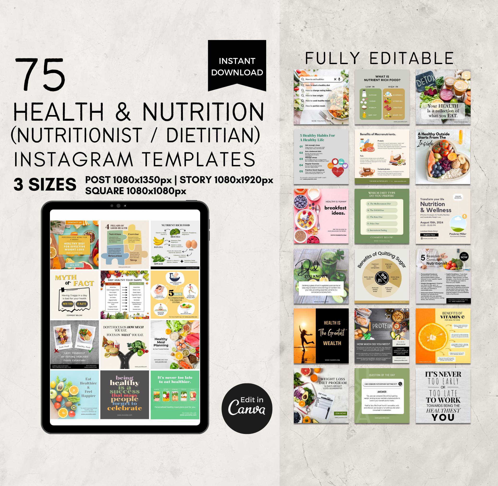 Editable Health Nutrition Instagram Templates Canva, Dietitian ...