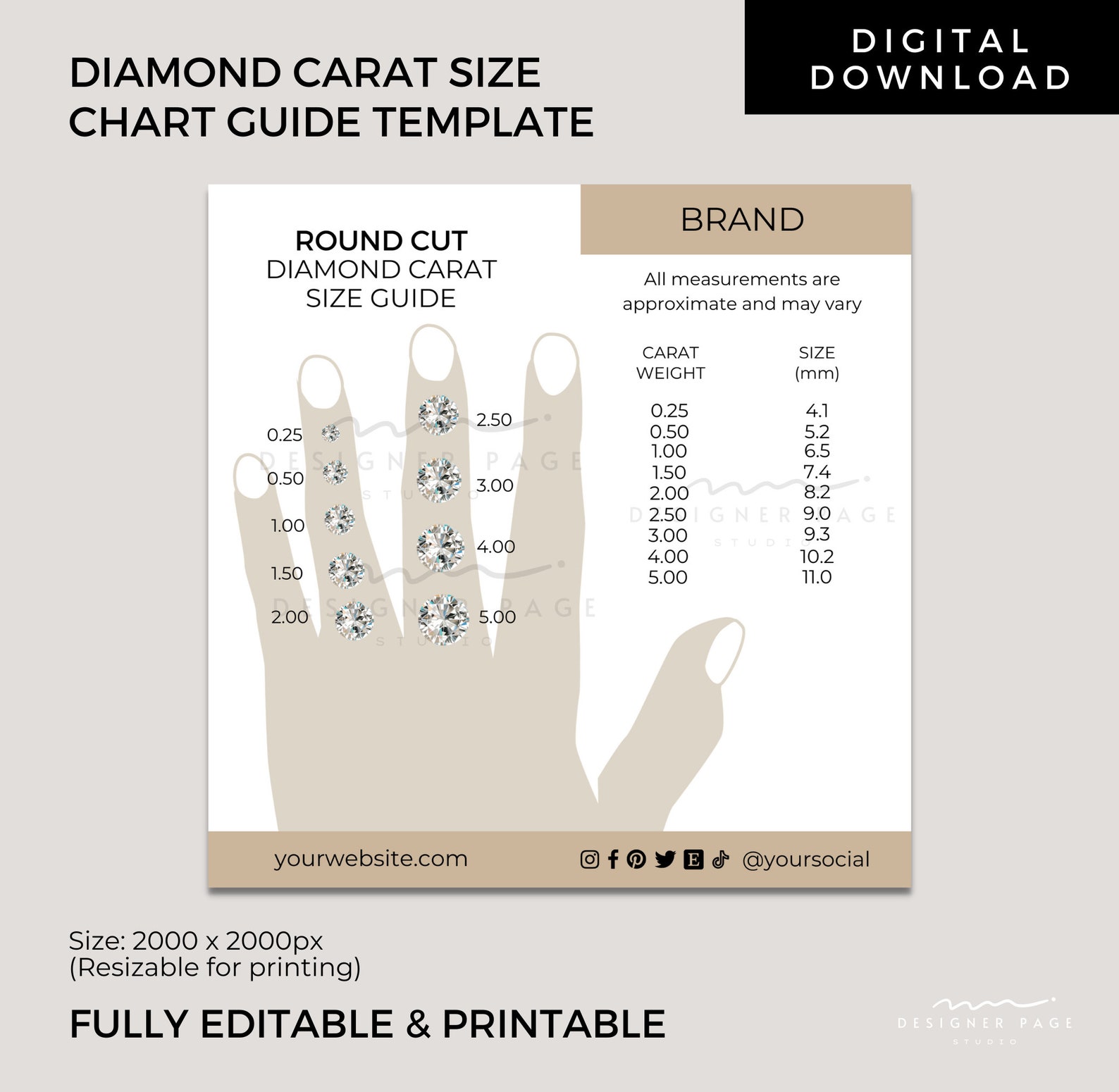 Editable Diamond Carat Size Chart Template Canva, Printable Round Cut ...