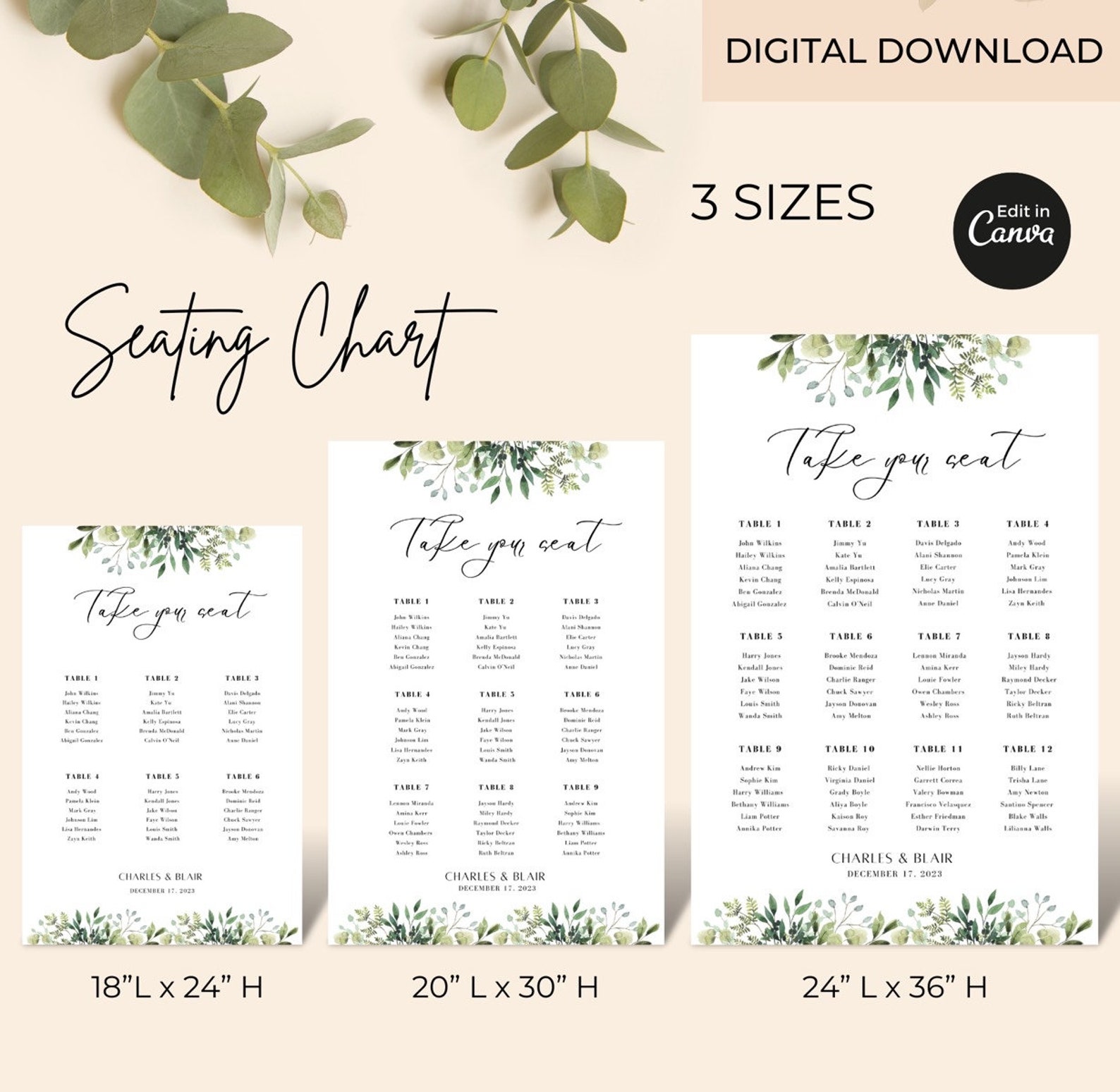 Wedding Guest Seating Charts Template Editable, Printable Wedding ...