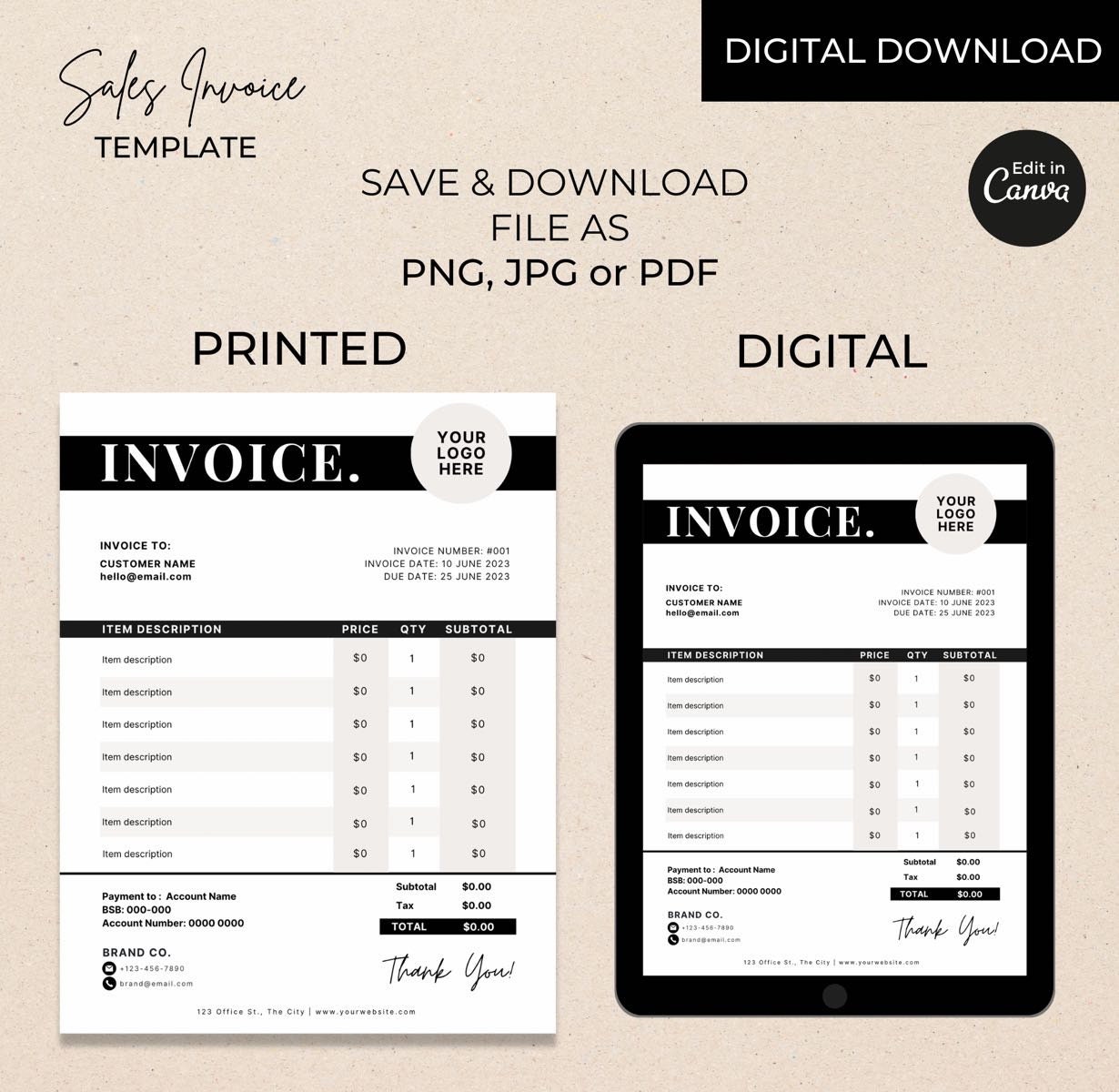 Editable Printable Sales Invoice Template Canva, Editable Payment Forms ...