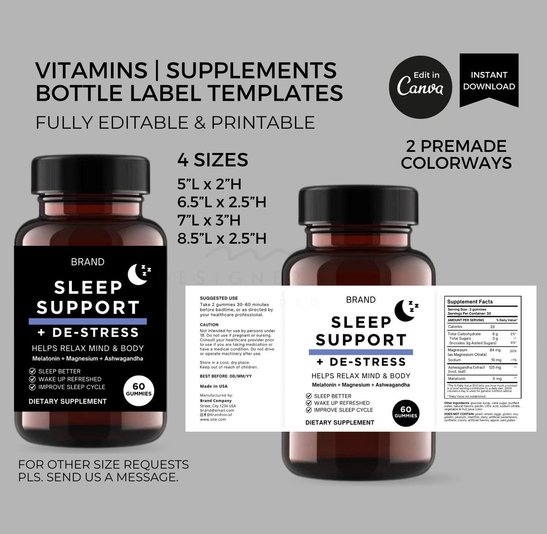 Vitamins Supplements Bottle Labels Template Canva Editable, Printable ...