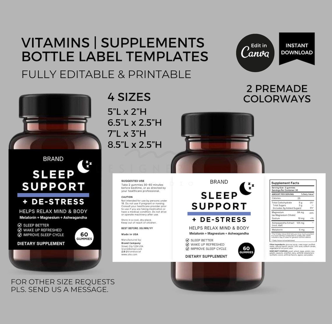 Vitamins Supplements Bottle Labels Template Canva Editable, Printable ...