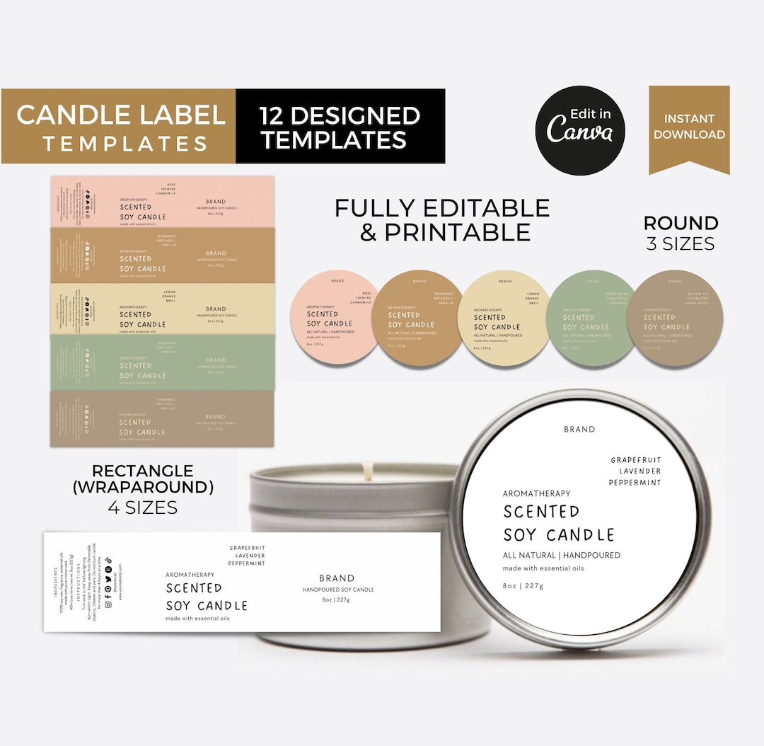 Editable Candle Tin Labels Template Canva, Candle Round Labels, Modern ...