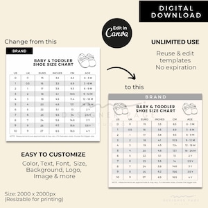 Editable Baby Toddler Shoe Size Chart Template Canva, Kids Shoe Size ...