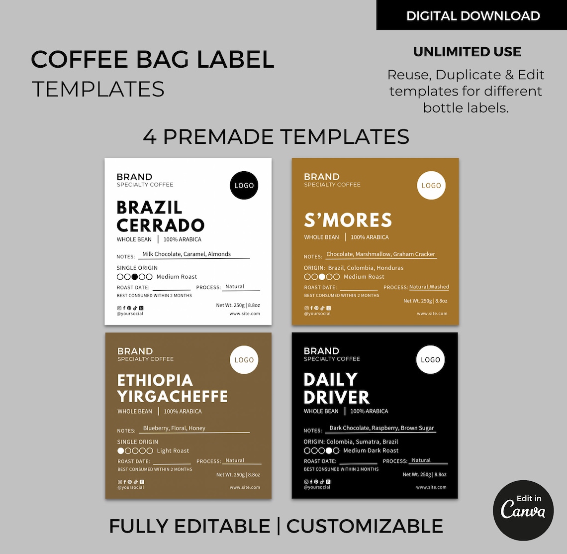 Editable Coffee Bag Labels Template Canva, Coffee Beans Pouch Label ...