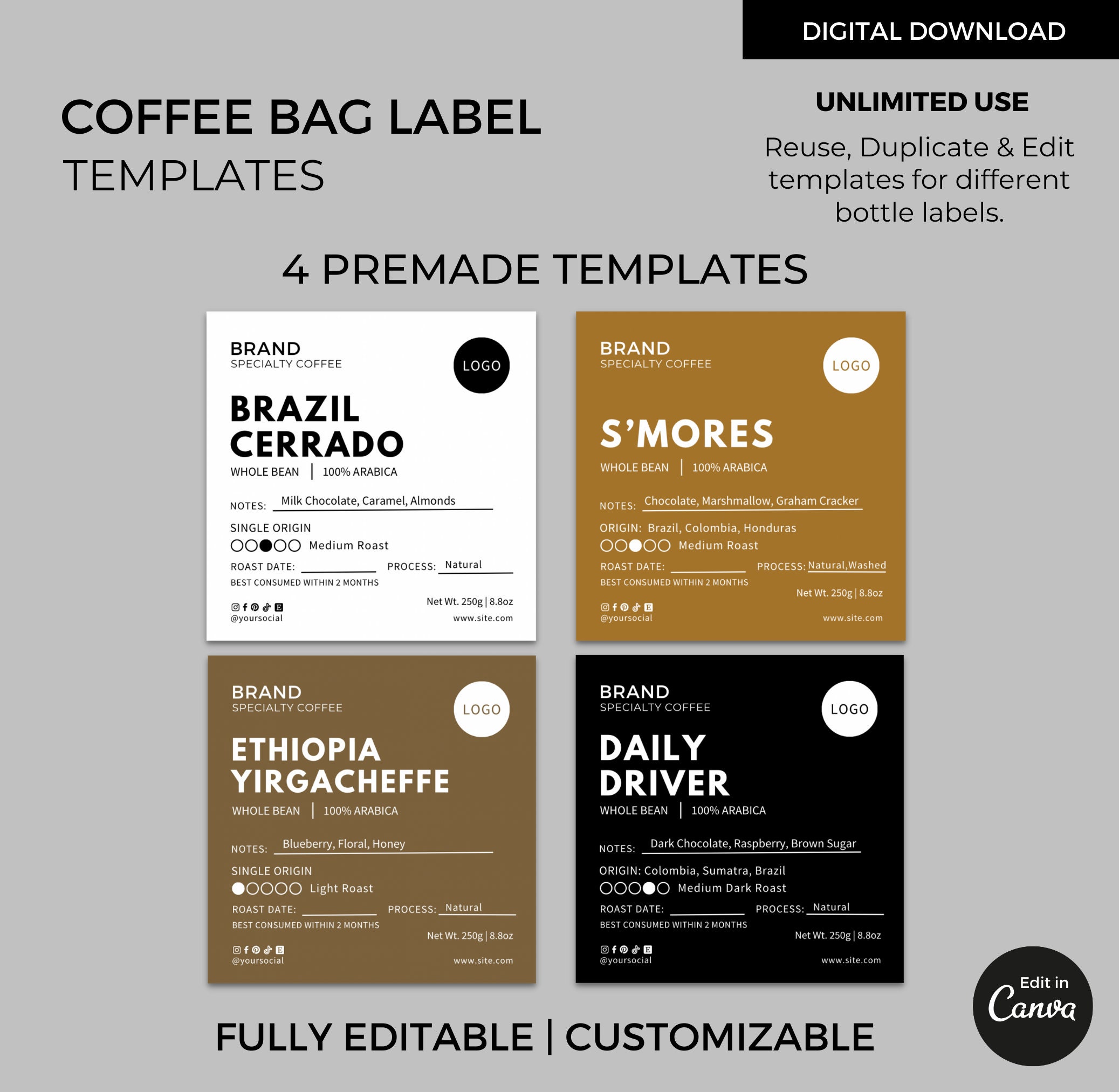 Editable Coffee Bag Labels Template Canva, Coffee Beans Pouch Label ...