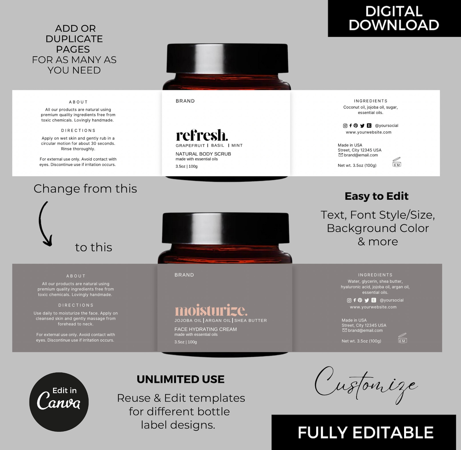 Cosmetic Jar Label Template Canva Editable, Printable Product Label ...
