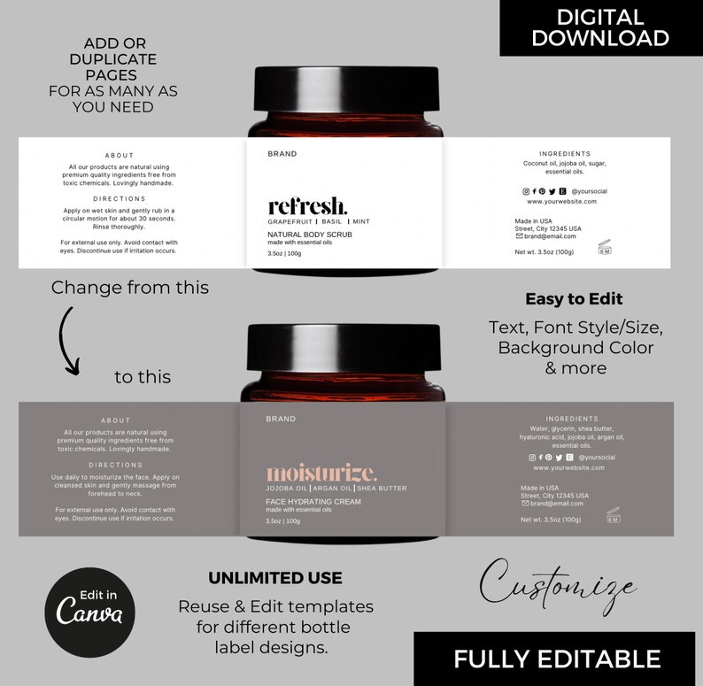 Cosmetic Jar Label Template Canva Editable, Printable Product Label ...
