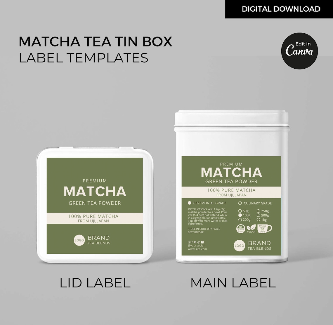 Matcha Tea Tin Can Labels Template Editable Canva, Tea Canister Label ...