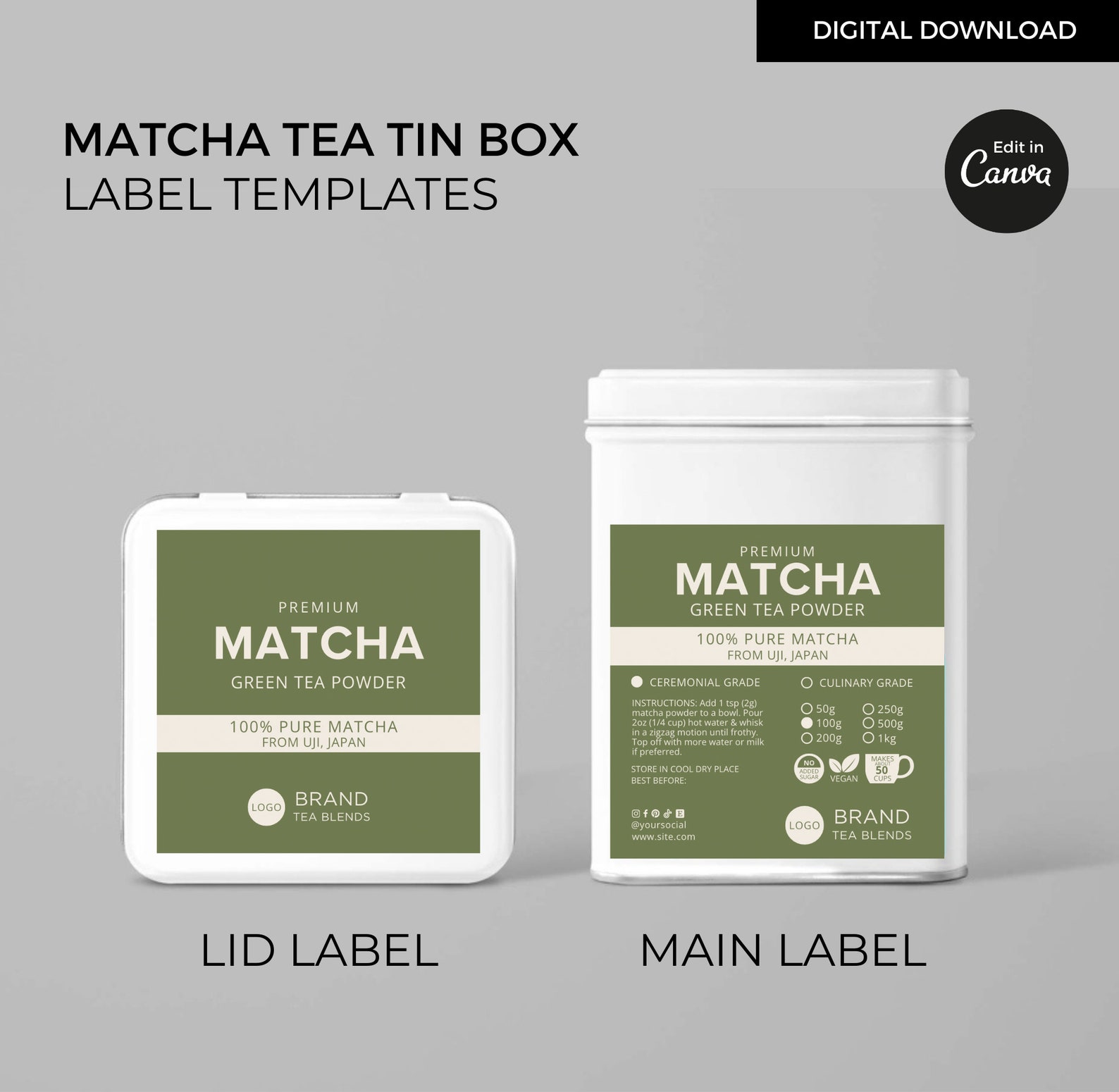 Matcha Tea Tin Can Labels Template Editable Canva, Tea Canister Label ...