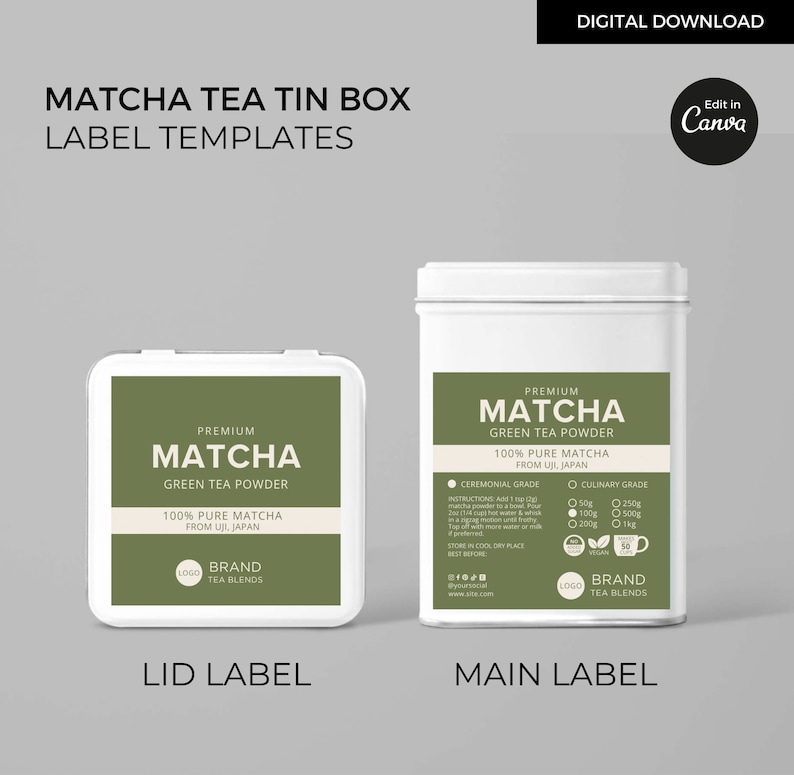 Matcha Tea Tin Can Labels Template Editable Canva, Tea Canister Label ...