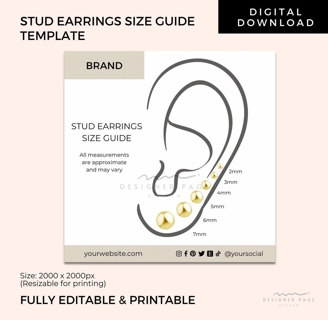 Editable Stud Earrings Size Guide Template Canva, Printable Earrings ...