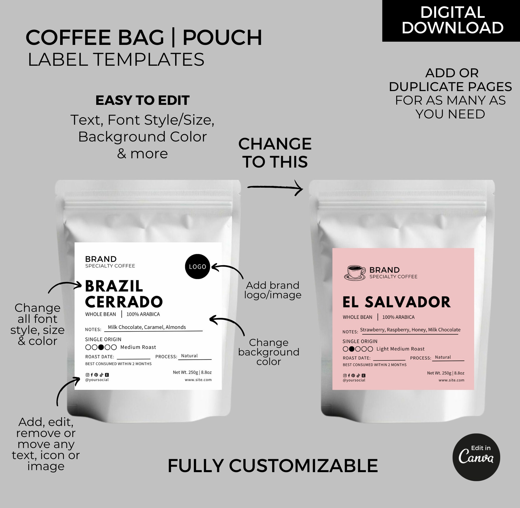 Editable Coffee Bag Labels Template Canva, Coffee Beans Pouch Label ...