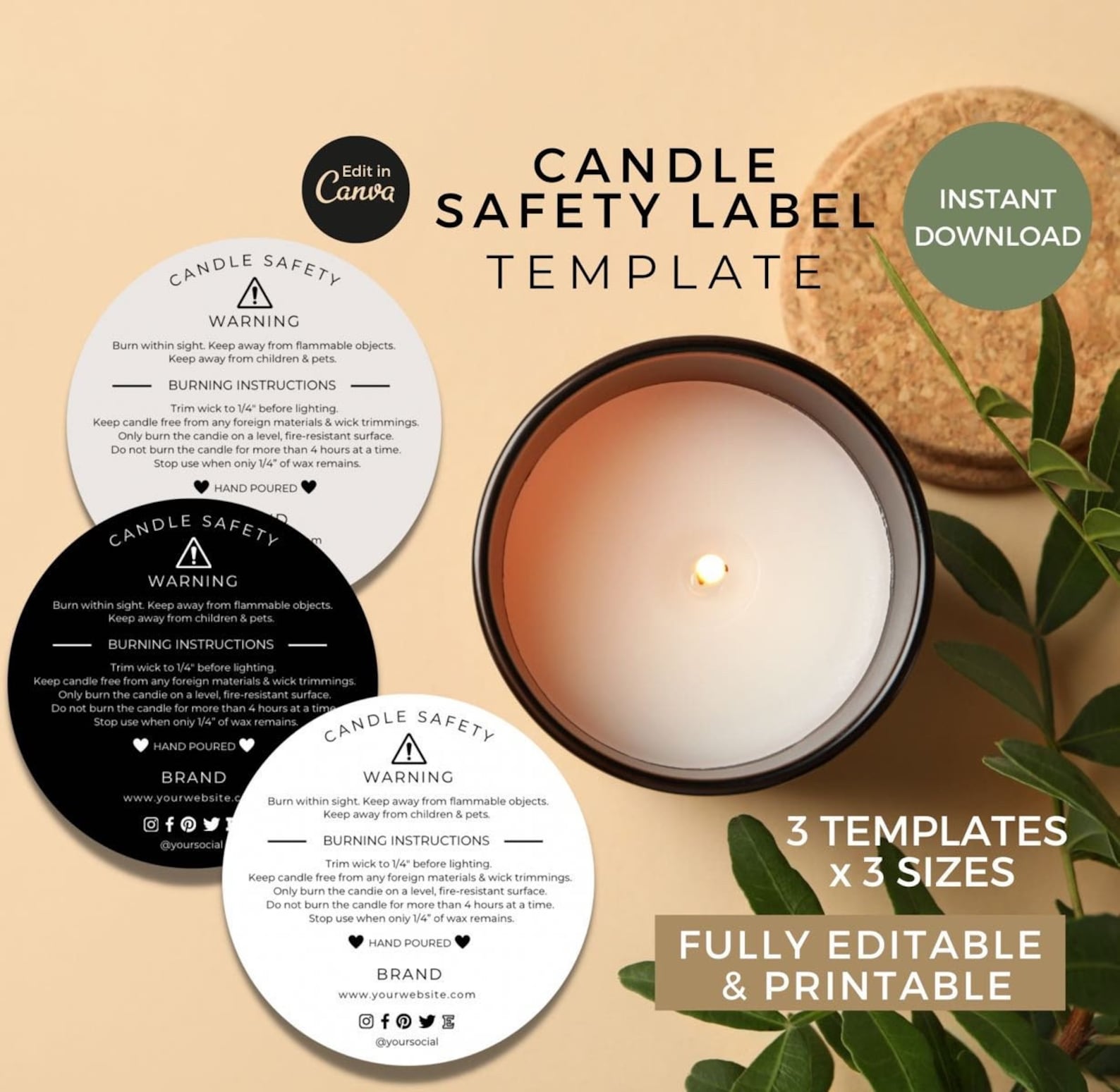 Candle Safety Label Template Editable, Printable Candle Warning Labels ...