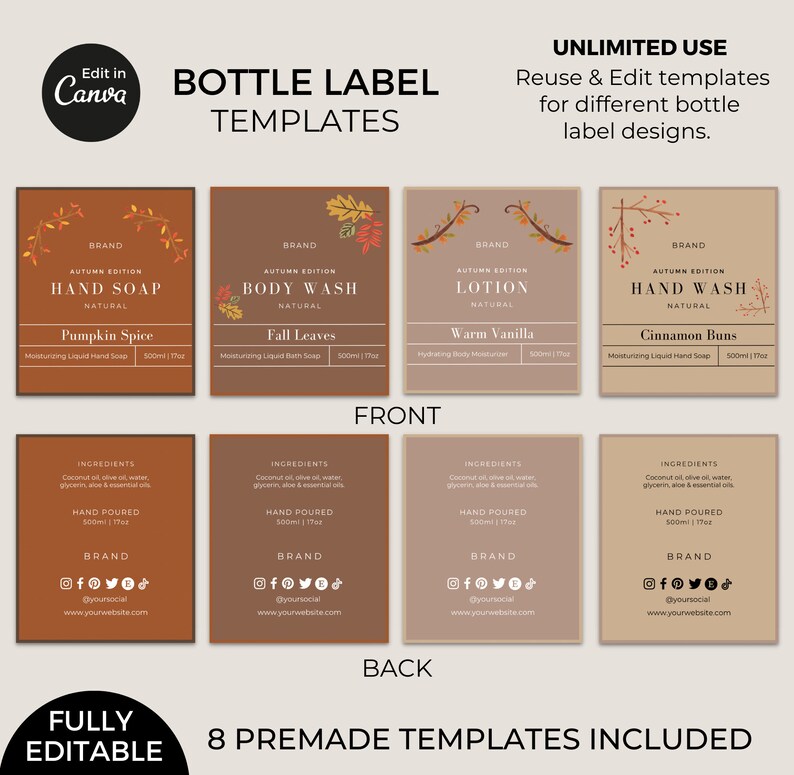 Autumn Hand Soap Bottle Labels Template Canva Editable, Printable Hand ...